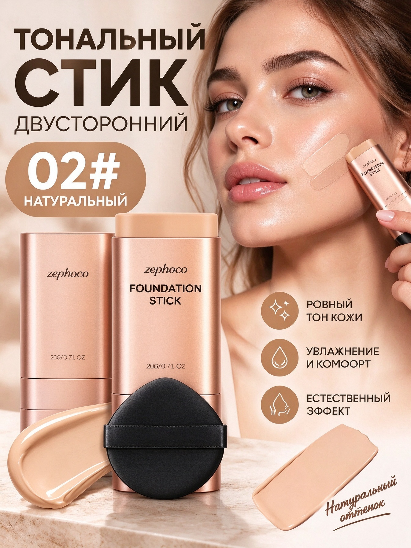 Тональный стик для лица, естественное покрытие и маскировка недостатков, матовый эффект, натуральный оттенок