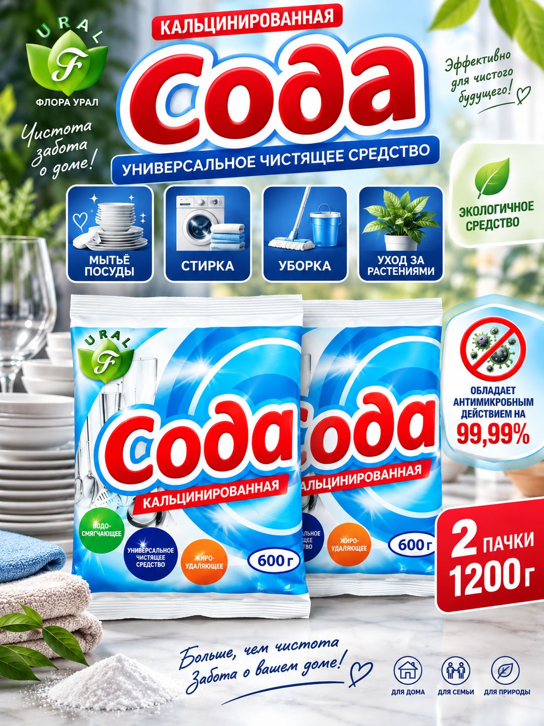 Сода кальцинированная Флора Урал 600 г 2 (1,2кг) Чистящее средство. Универсальное экологичное средство для стирки, уборки, чистки стиральных машин и мытья посуды.