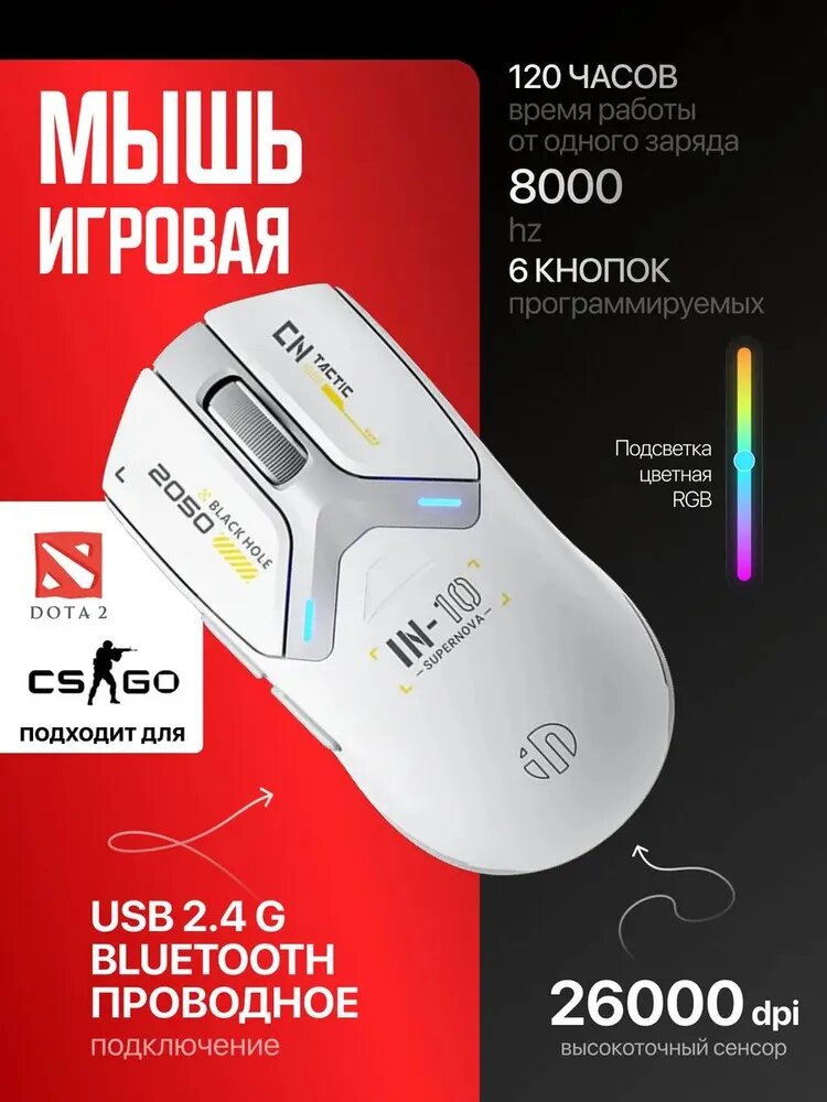 INPHIC Игровая мышь беспроводная, белый