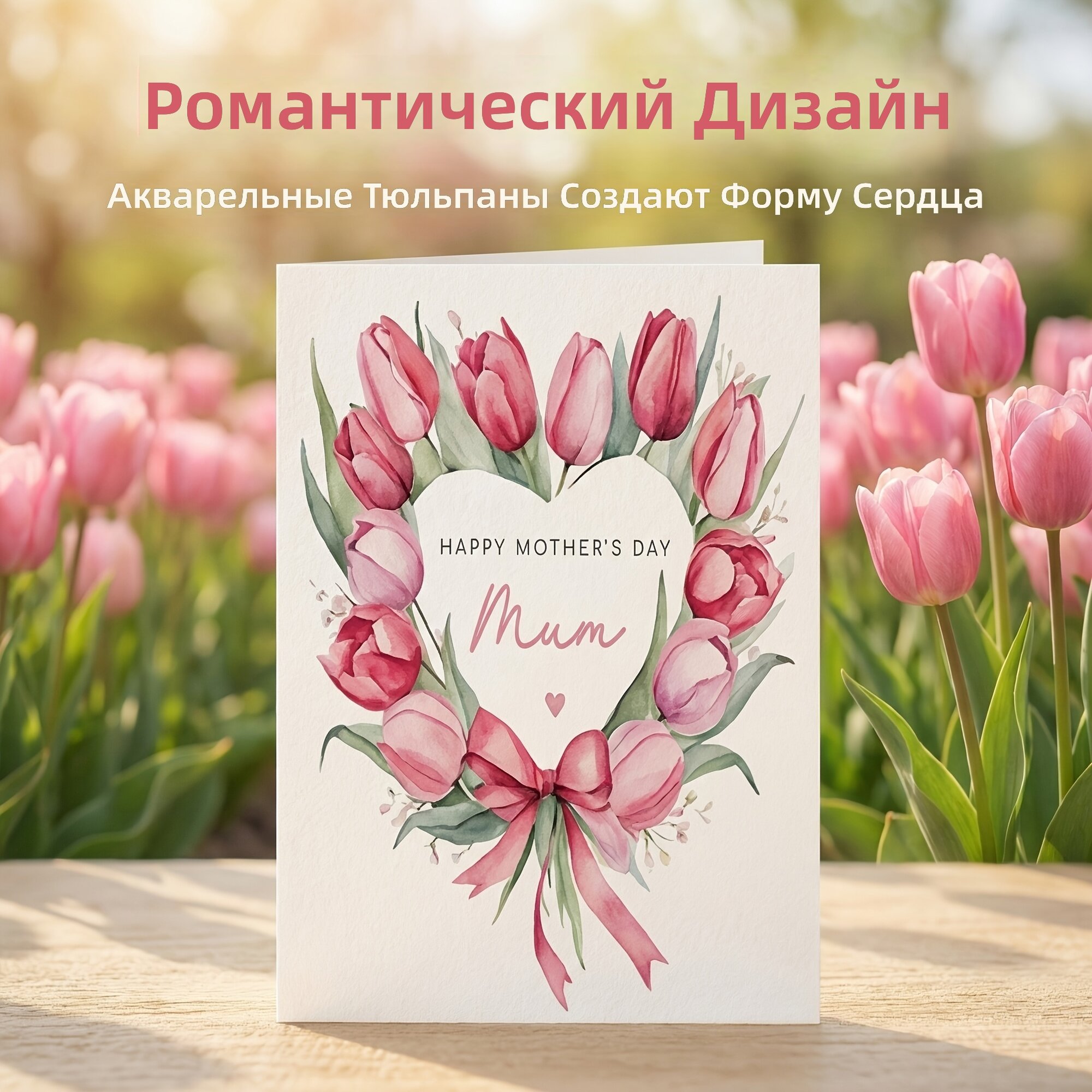 Открытка на День матери с конвертом, крафт-бумага, с дизайном «С Днём матери, мама», розовые тюльпаны и бант