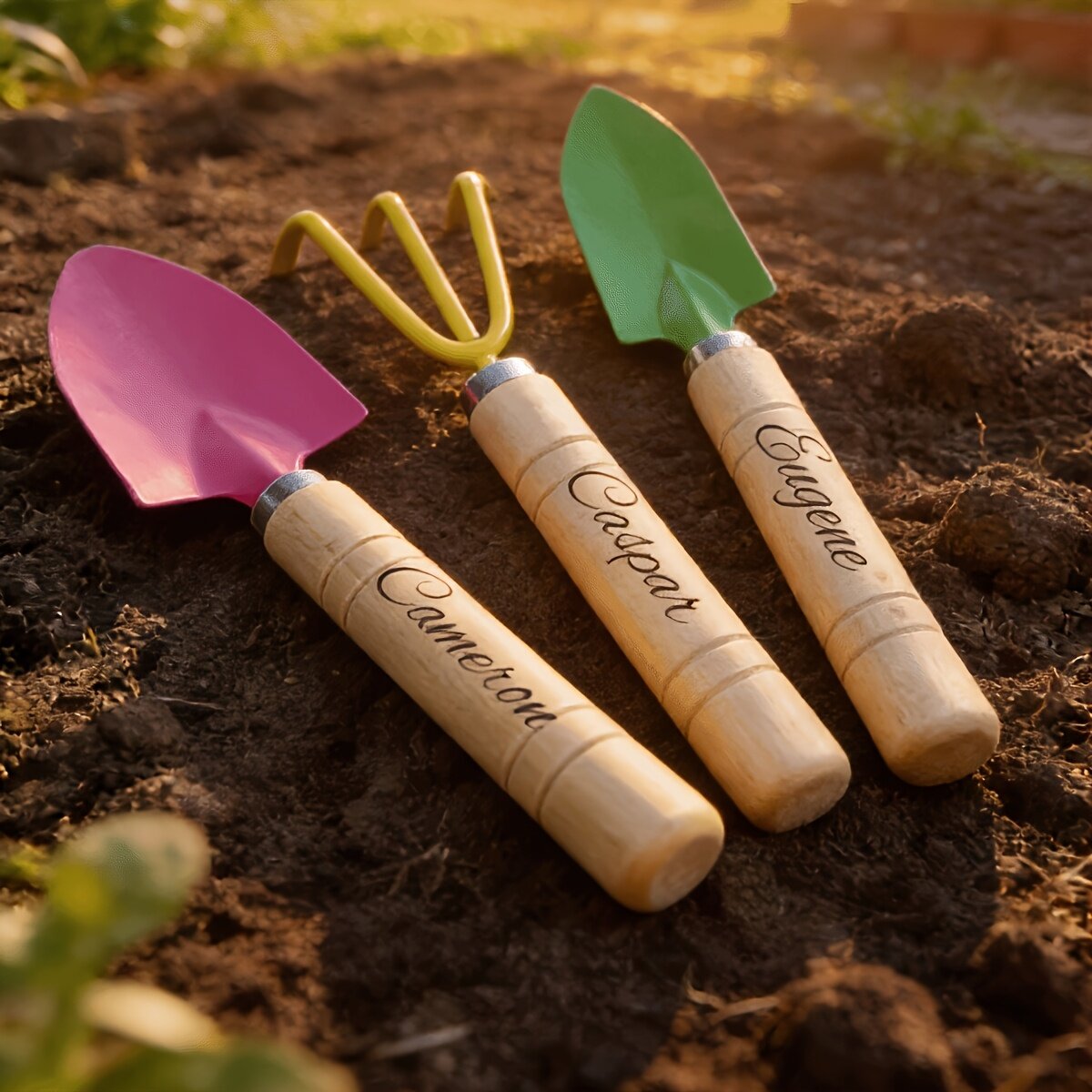 Набор из 3 персонализированных цветных железных лопаток для рыхления почвы и пересадки рассады, мини-садовые инструменты с лазерной гравировкой, подарочный набор для семьи и друзей