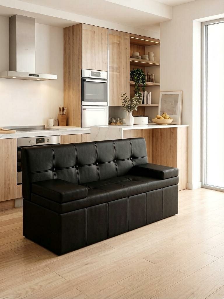 Диван кухонный интерьерный с местом для хранения K-home Ламанш, кожзам коричневый