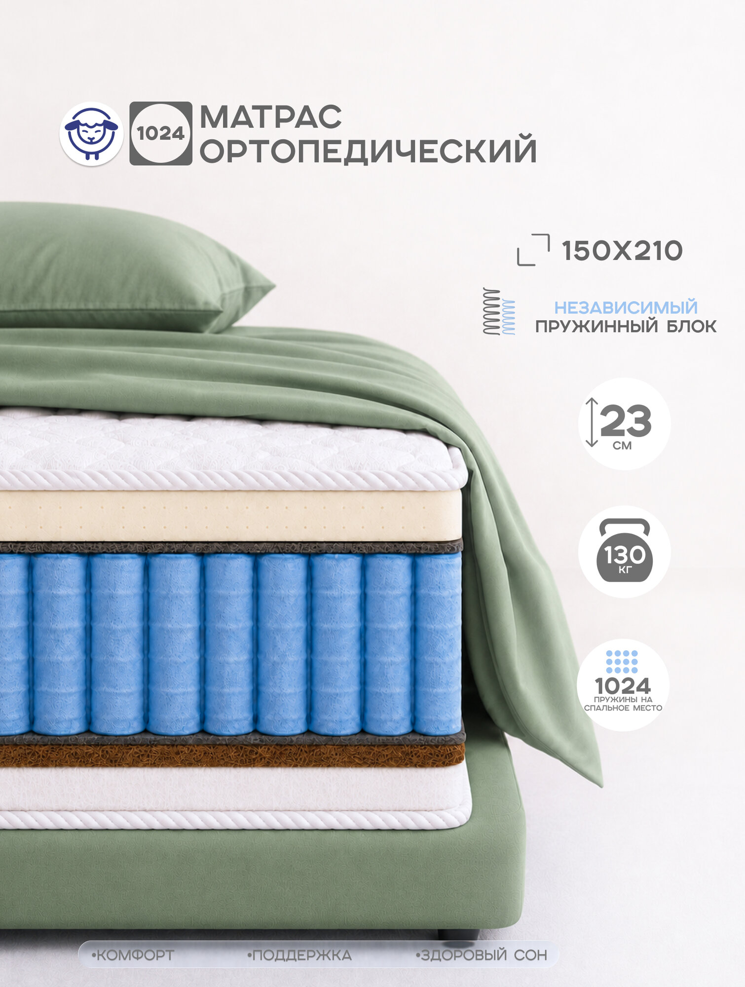Ортопедический матрас с натуральным латексом "Премиум Ультралайт" 150х210 с различной жесткостью сторон, мягкий/средний
