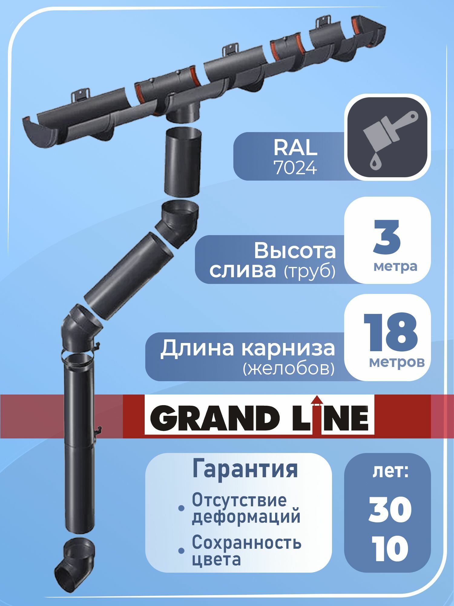 Grand Line Водосточная система (длина 18 м /высота 3 м/ 1 слив ) серый 1 слив RAL 7024 графит , водосток для крыши пластиковый Гранд Лайн ( 120 мм/ 90 мм ) комплект элементов ПВХ