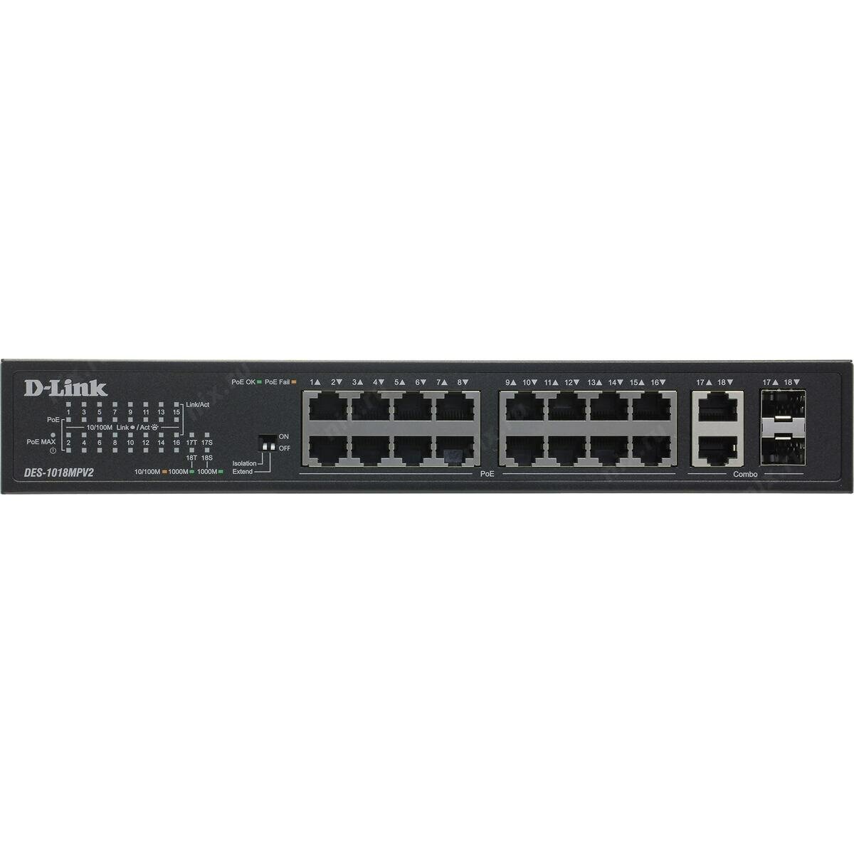 D-Link DES-1018MPV2 /A1A Неуправляемый коммутатор (16UTP 100Mbps PoE + 2Combo 1000BASE-T/SFP) — фото 1