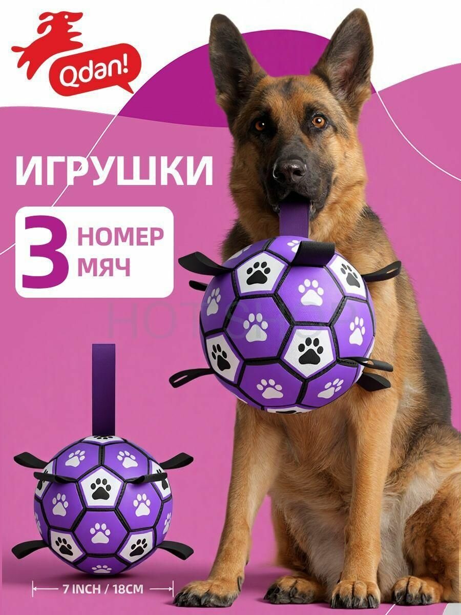 Qdan Игрушечный футбольный мяч для собак с 9 лентами и ручным надувным устройством игрушка для собак- Фиолетовый и черный