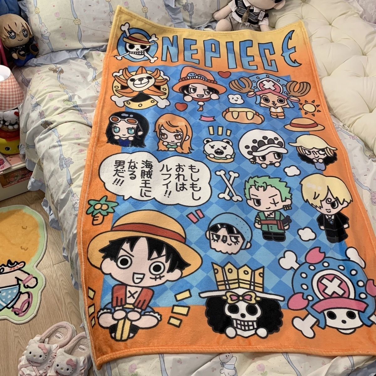 Плед One Piece, 200×150 см, фланелевый, мультиколорный, с Q-персонажами и японскими надписями