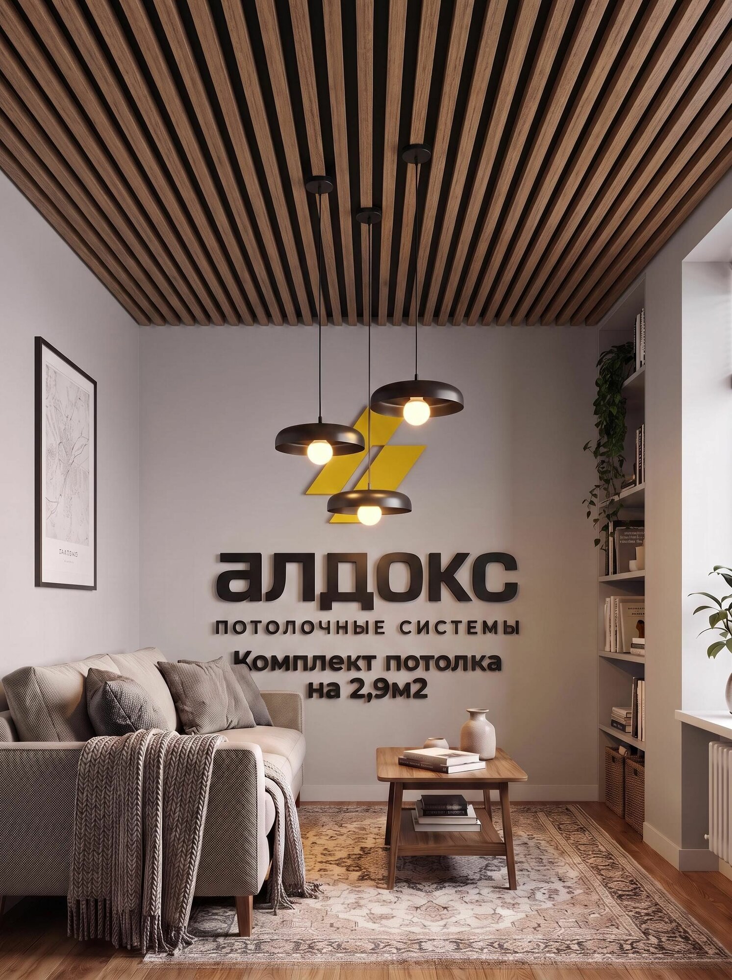 Реечный подвесной потолок кубота 1,7х1,7 м, Орех пекан медовый, алдокс