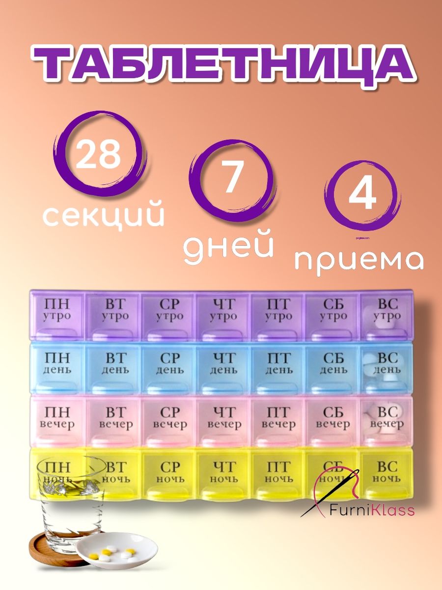 Таблетница на неделю 4 приема, Органайзер для лекарств, бокс для таблеток