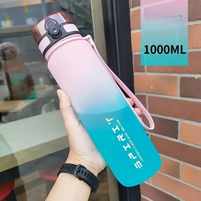 Спортивная бутылка для воды 1000 мл, розово-зеленый градиент, герметичная откидная крышка с открытием одним нажатием