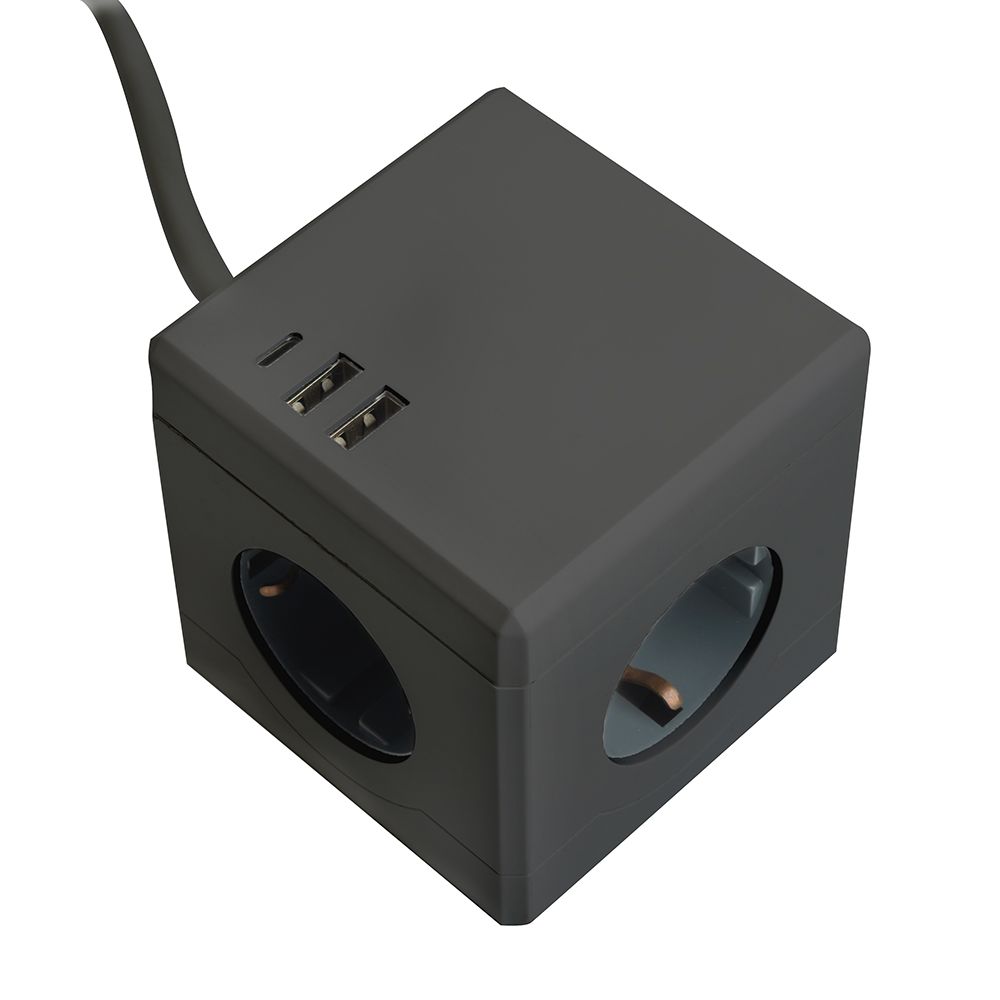 Тройник куб в розетку с заземлением 1.5м 2 USB + Type-C черный Stekker HM10-41-01 49657