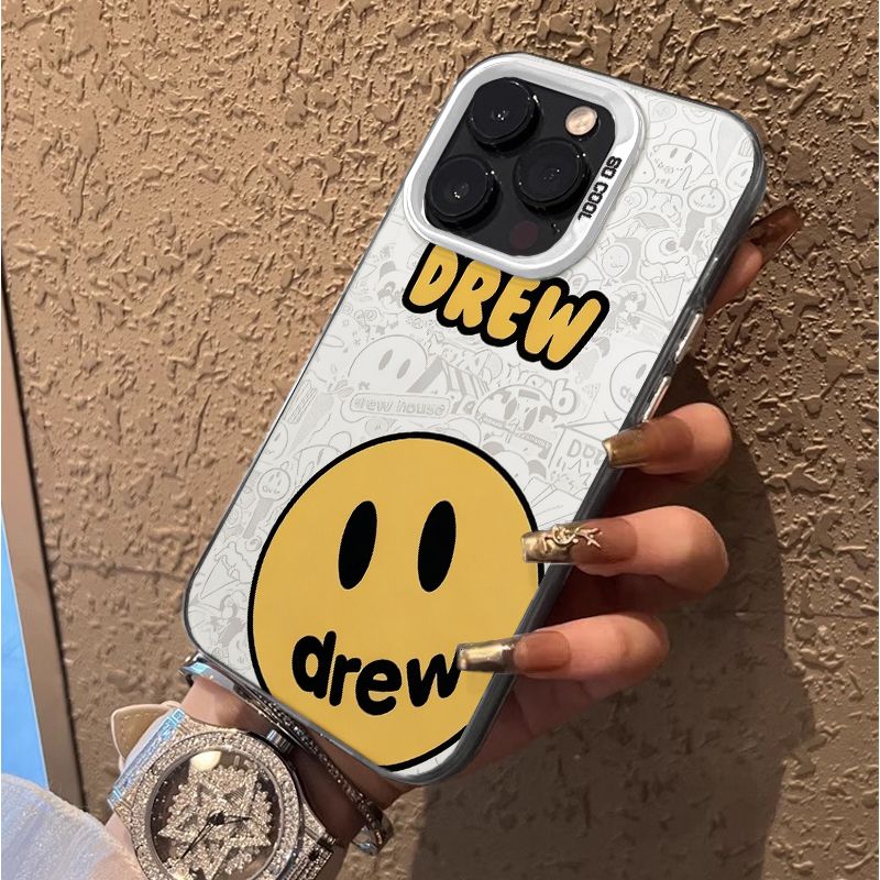 Чехол на Aйфон 16 / IPHONE 16, полупрозрачный чехол с объёмным жёлтым DREW, жёлтый смайл drew и графичные скетч-элементы, печать SO COOL