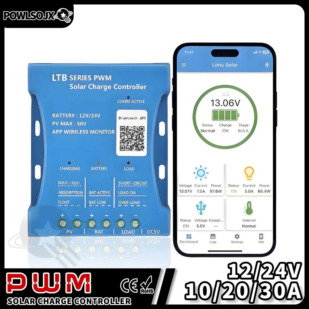 Умный Bluetooth PWM контроллер заряда солнечной батареи LTB 10A/20/30A 12V/24V, управление через APP, для LiFePO4/Свинцовых АКБ, USB 5V/2A