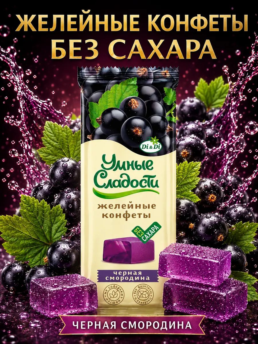 Конфеты желейные без сахара "Умные сладости" со вкусом черной смородины, 90г