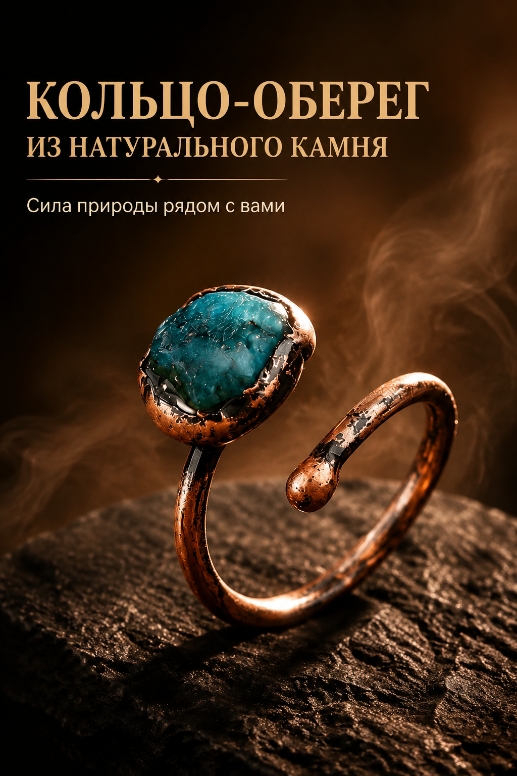 Кольцо-оберег из натурального камня с регулируемой посадкой