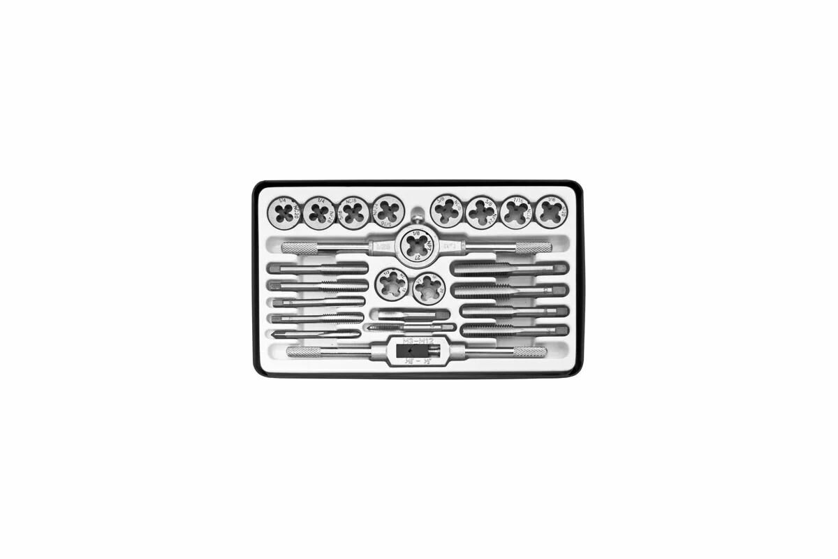 Набор метчиков и плашек ER-00242: дюймовый 24пр.(металл. кейс) эврика ER-00242