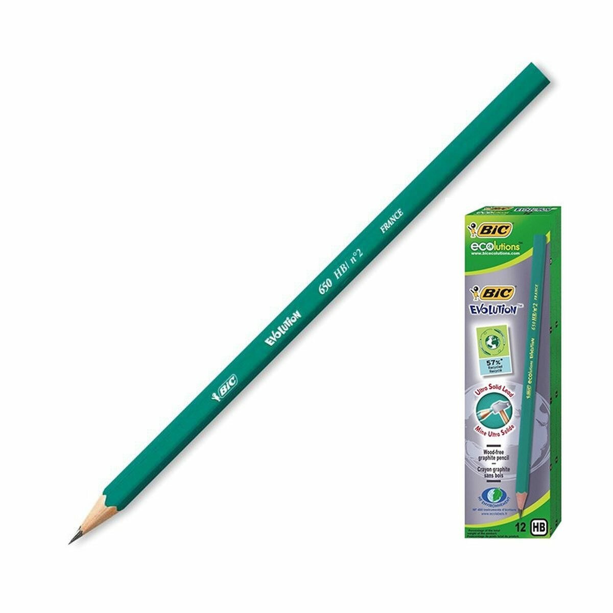 Карандаш чернографитный BIC Evolution Eco (НВ, корпус зеленый, без ластика, заточенный, пластик) (CO650), 72шт.