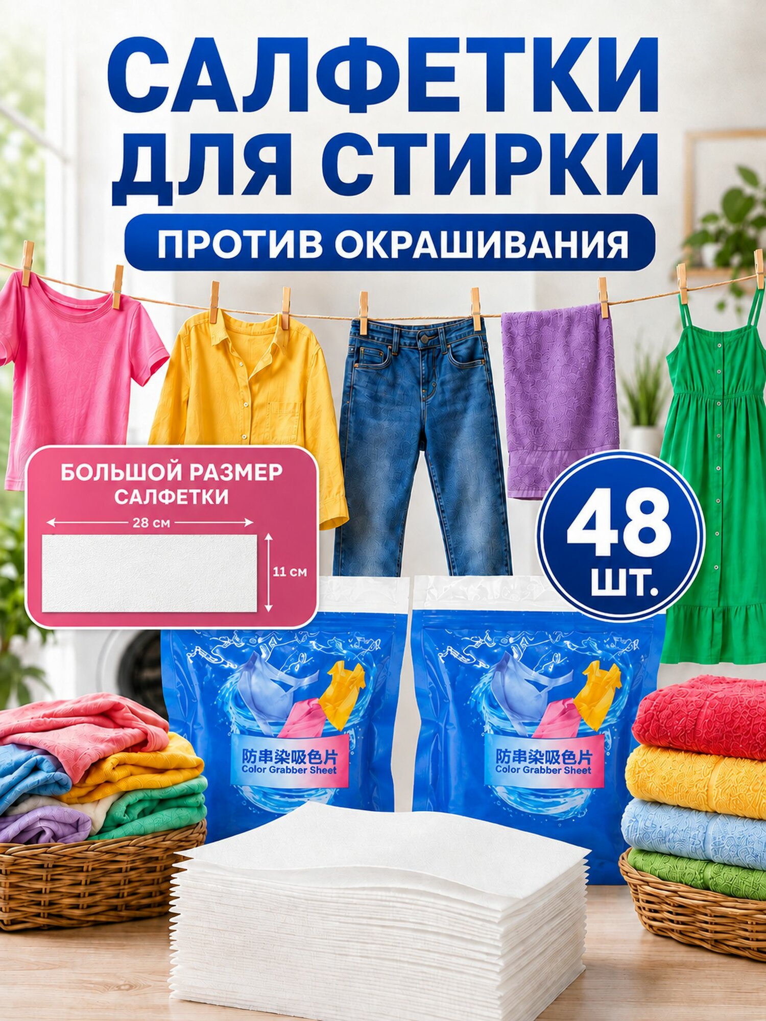 Салфетки для стирки Л01 48 шт (2 упаковки х 24 штуки) ловушка цвета против окрашивания ткани с защитой цвета для белого и цветного белья