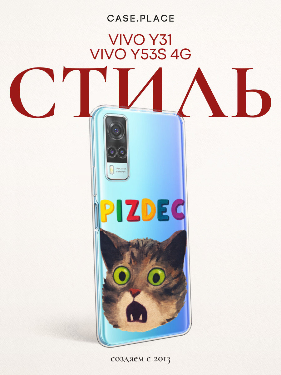 Чехол на Vivo Y31/Y53s 4G / Виво Y31/Y53s 4G с принтом Испуганный котик с надписью, прозрачный