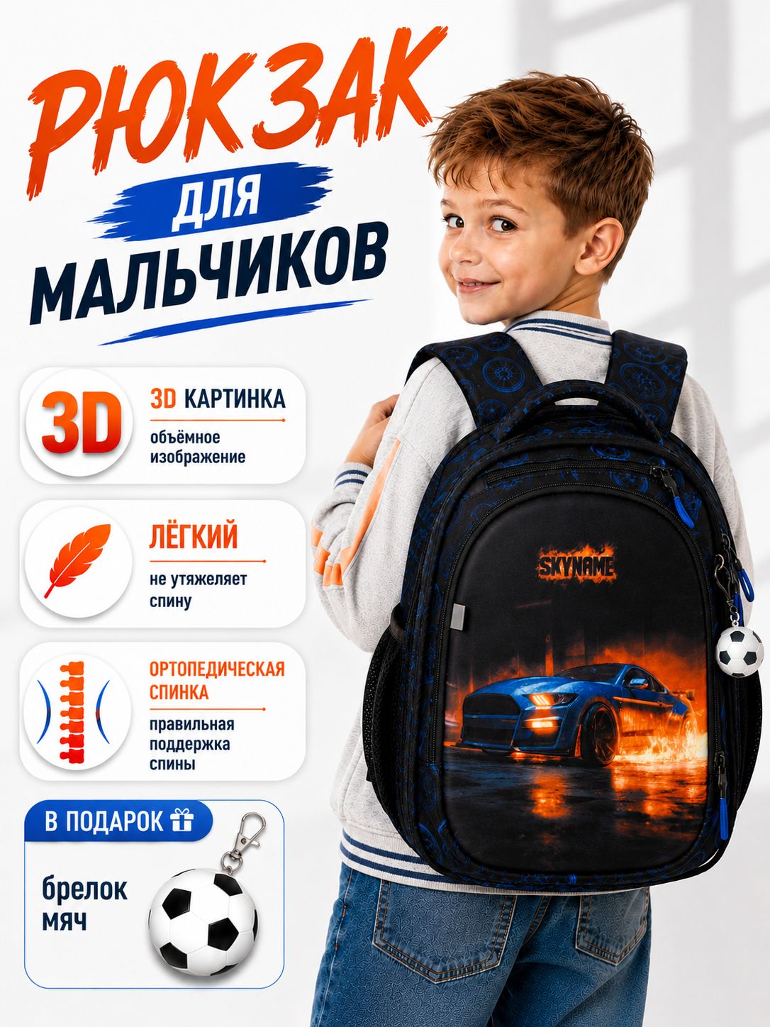 Рюкзак школьный для мальчика в начальную школу + брелок, SkyName (СкайНейм)
