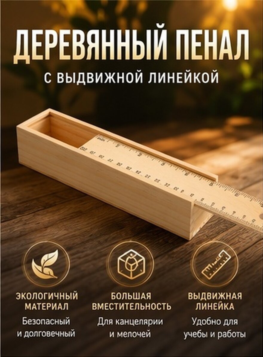 Деревянный пенал с выдвижным ящиком цвета хаки для хранения канцелярии