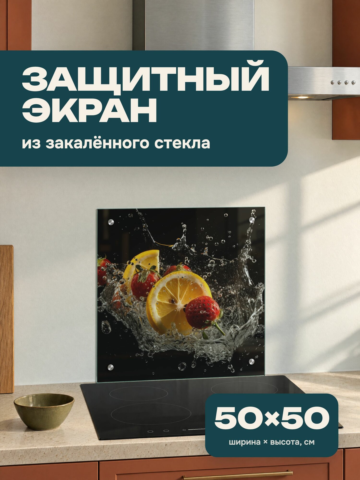 Защитный экран для плиты от брызг "Фрукты 1" 500х500 мм. Стекло для плиты на стену. Закаленное стекло для фартука.