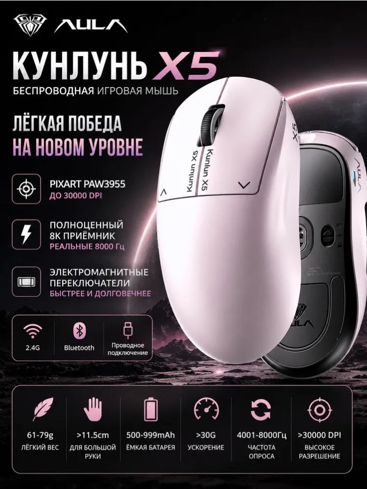 AULA KUNLUN X5 Игровая мышь, беспроводное трехрежимное подключение, электромагнитный фреттинг