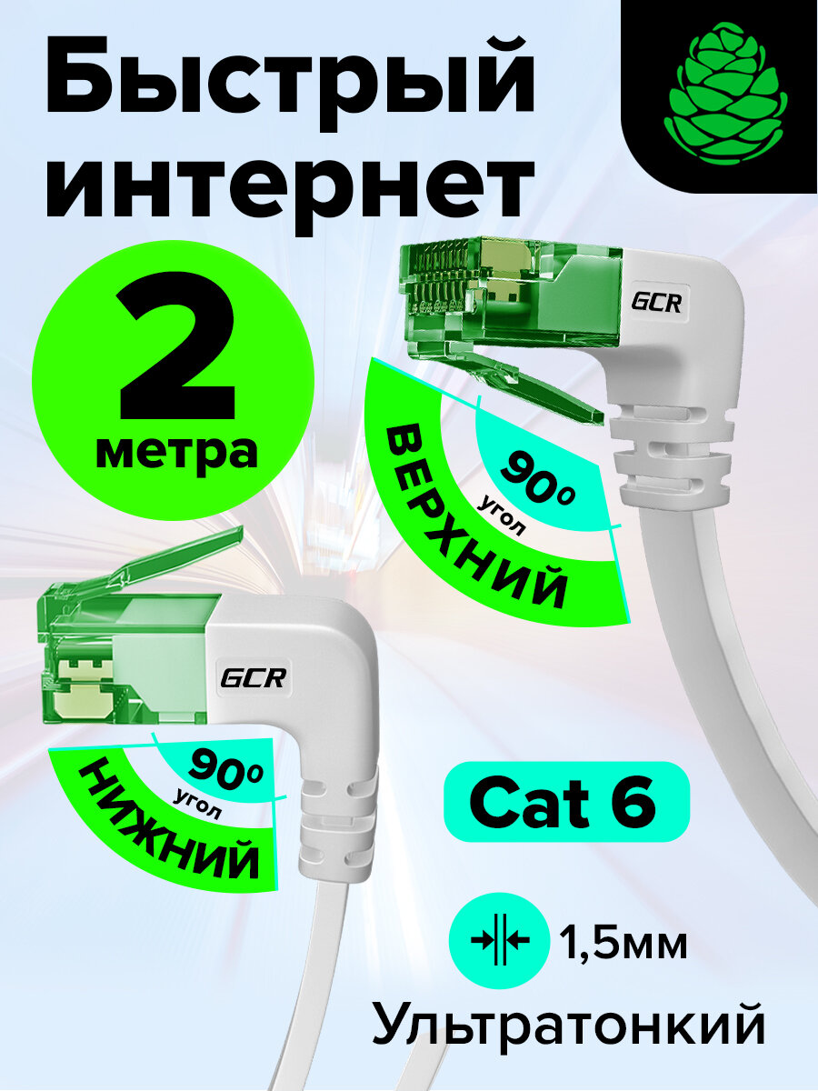 Плоский угловой патч корд 2 метра GCR PROF верхний/нижний угол КАТ.6 10 Гбит/с RJ45 LAN компьютерный кабель для интернета медный 24K GOLD белый