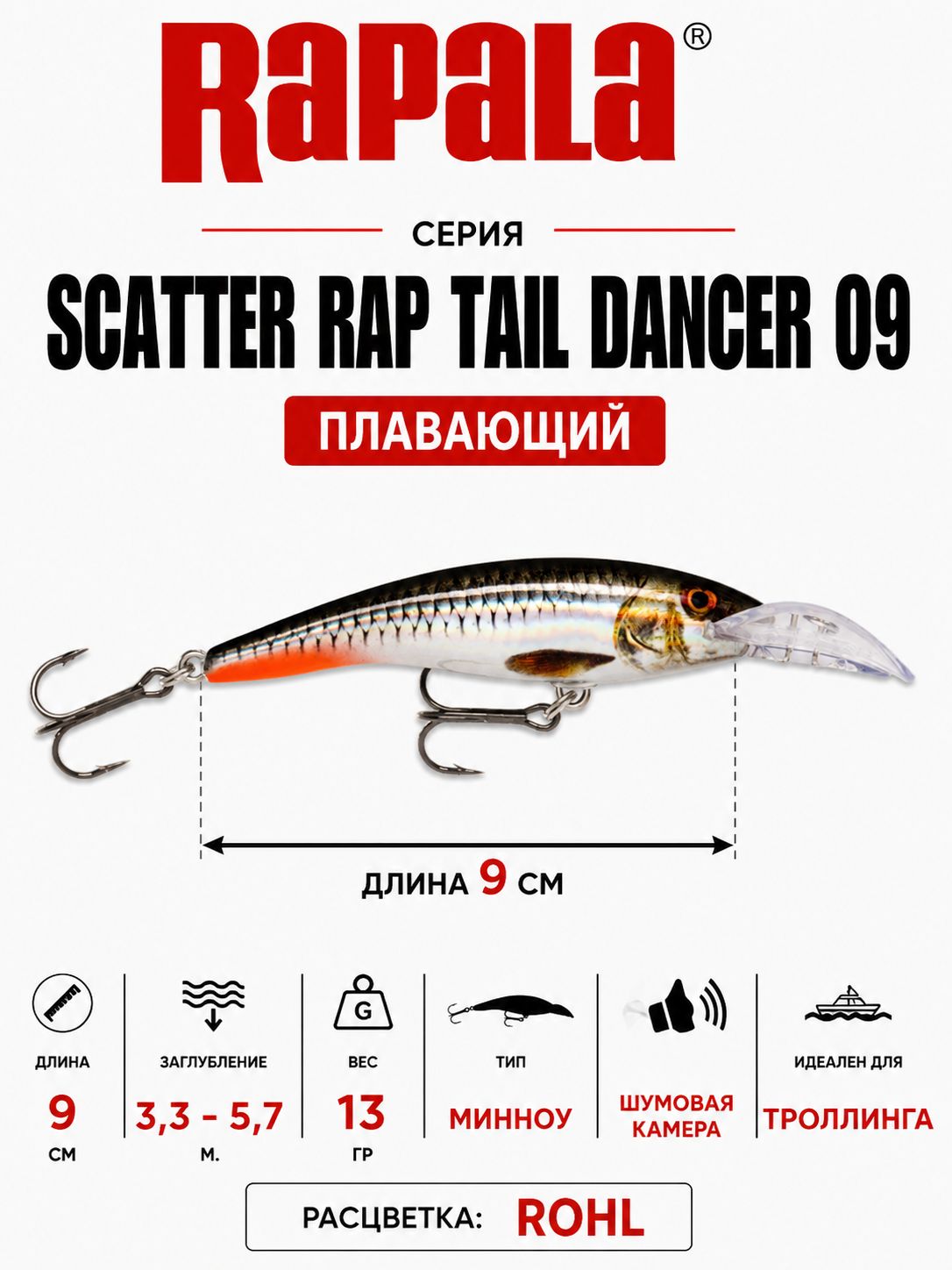 Воблер RAPALA Scatter Rap Tail Dancer 09 ROHL плавающий 3,3м-5,7м, 9см, 13гр