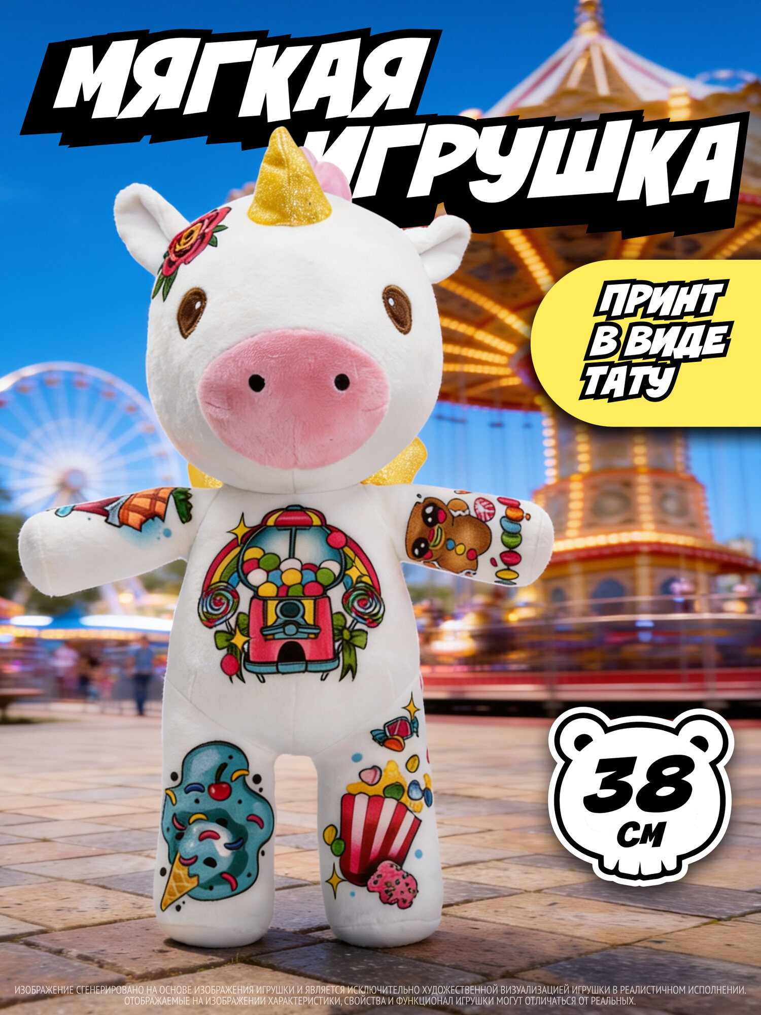 Мягкая игрушка Tattoo Zoo Единорог Кэнди, высота 38 см, TATZ003-UN