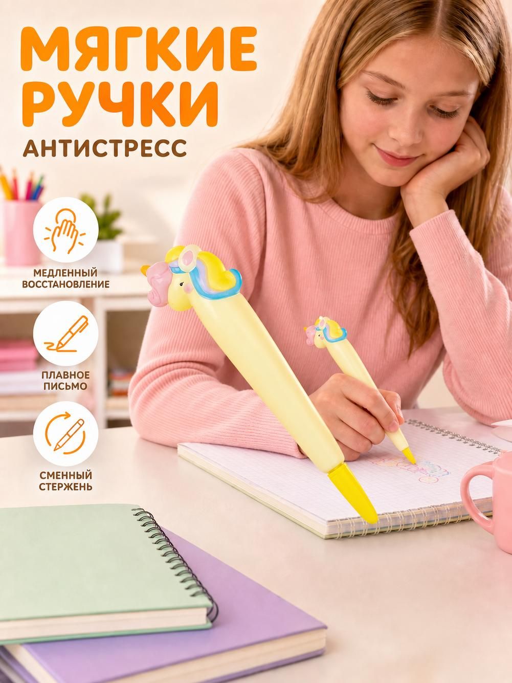Гелевая ручка в виде кота-единорога, розовая, 18 см