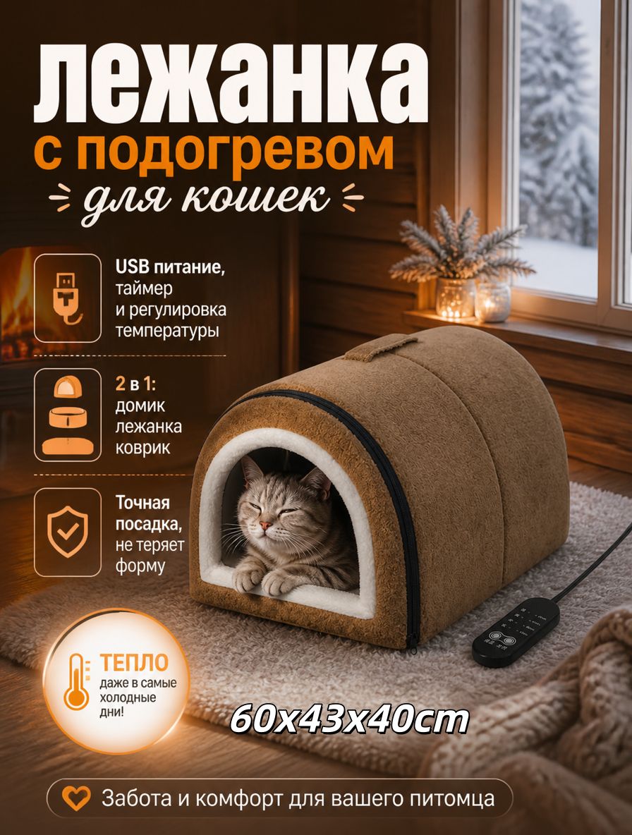 Лежанка с подогревом для кошек ворсовая ткань, USB-питание, 4 температурных режима и таймер