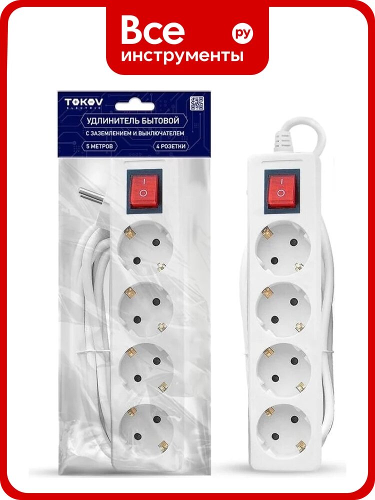 Удлинитель TOKOV ELECTRIC 4x5м с заземл. с выкл. 16а 3x1 TKE-C01-BU4-5-1-ZV