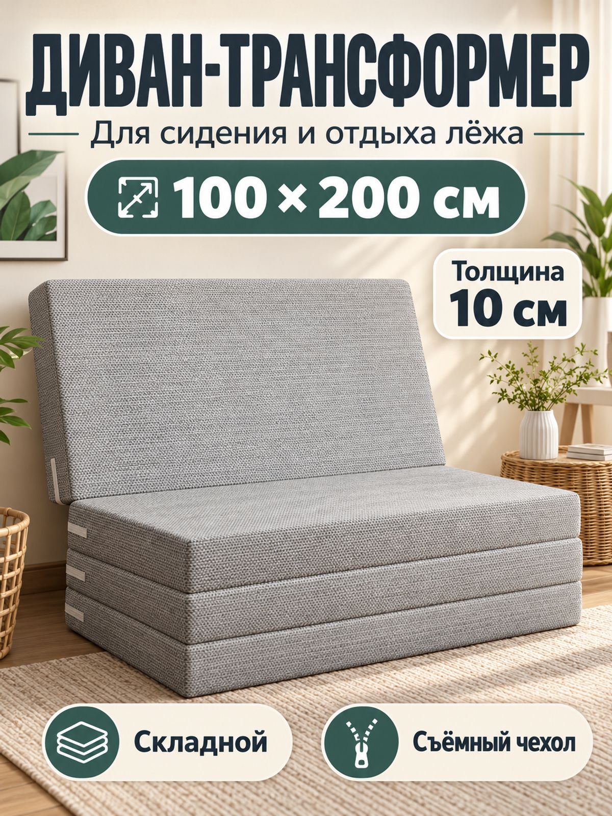 Диван-матрас складной 100 200 10 см, матрас-трансформер для сна с чехлом на молнии Серый