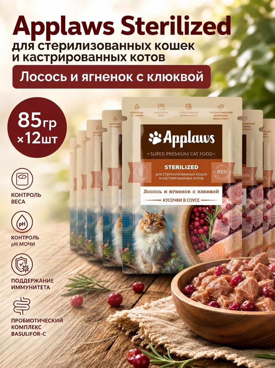 Applaws Sterilized Лосось и ягненок с клюквой кусочки в соусе 85гр*12шт, влажный корм для взрослых стерилизованных кошек и кастрированных котов