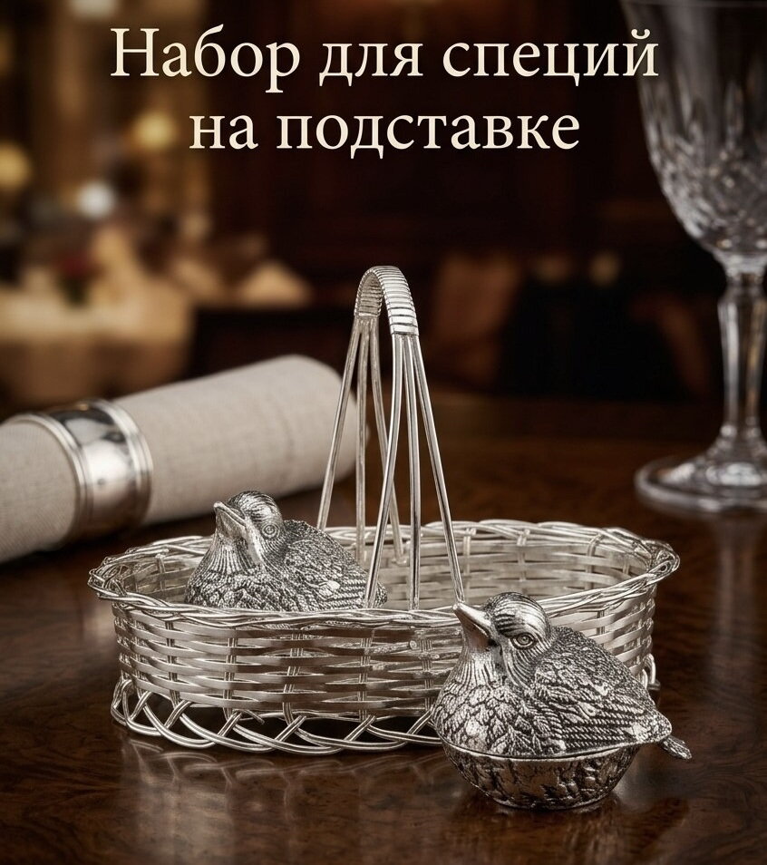 Набор для соли и перца. Птички в корзинке. Набор для специй на подставке. декор под серебро.