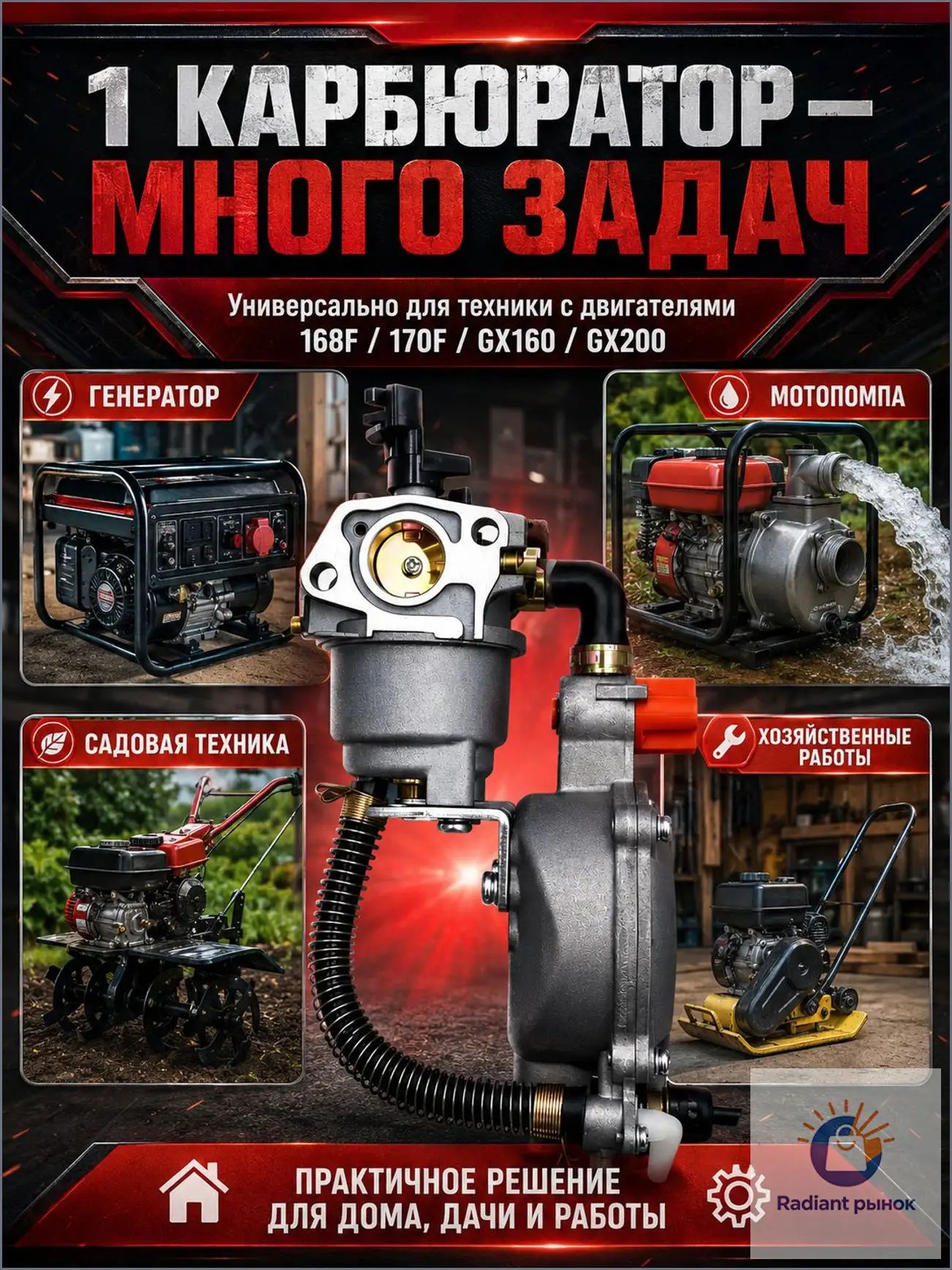 Карбюратор газ-бензин 1.5-3.5 кВт для резервных генераторов и садовой мототехники надежная работа