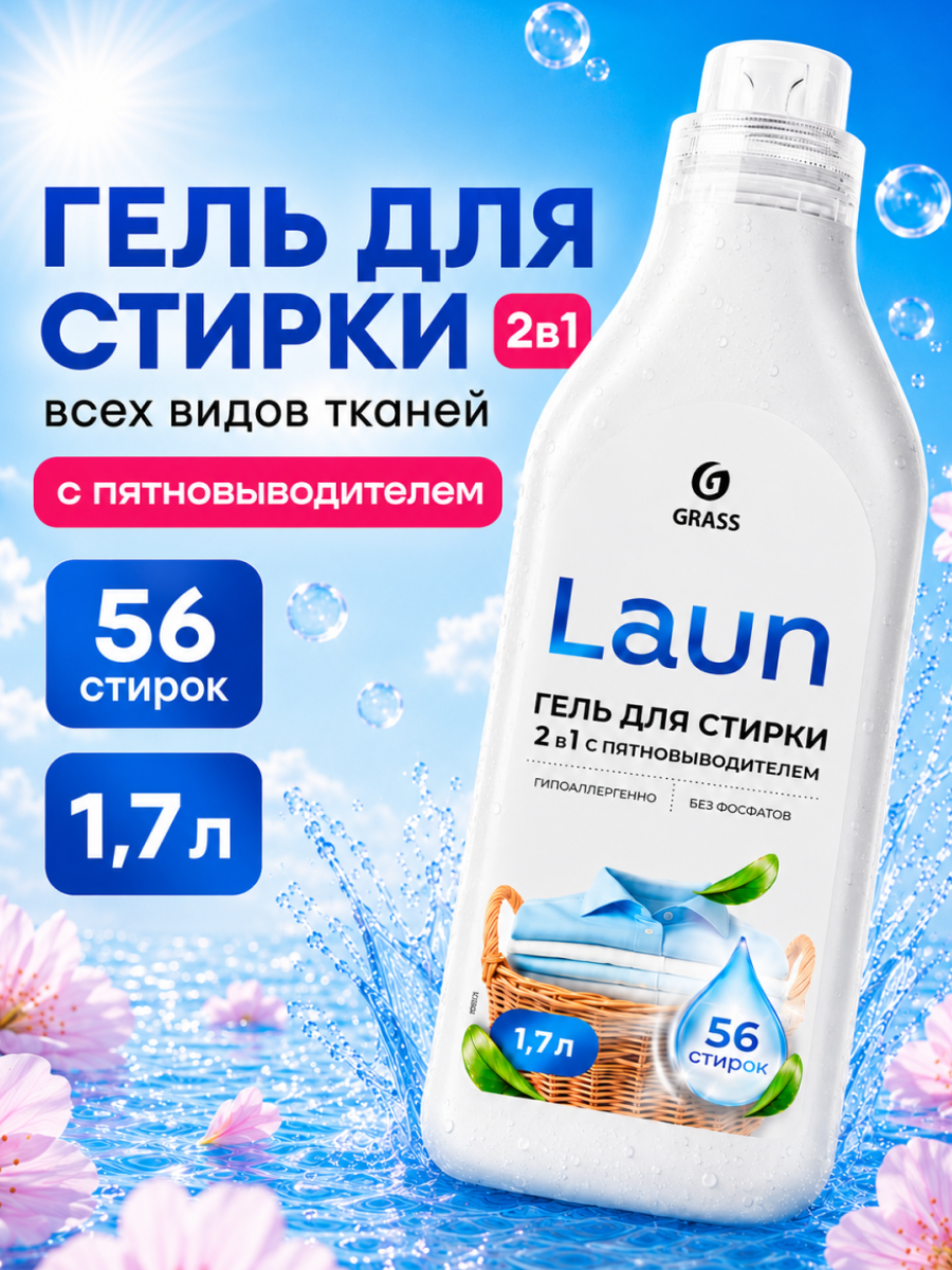GraSS Гель для стирки 2в1 с пятновыводителем Laun, 1,7 л