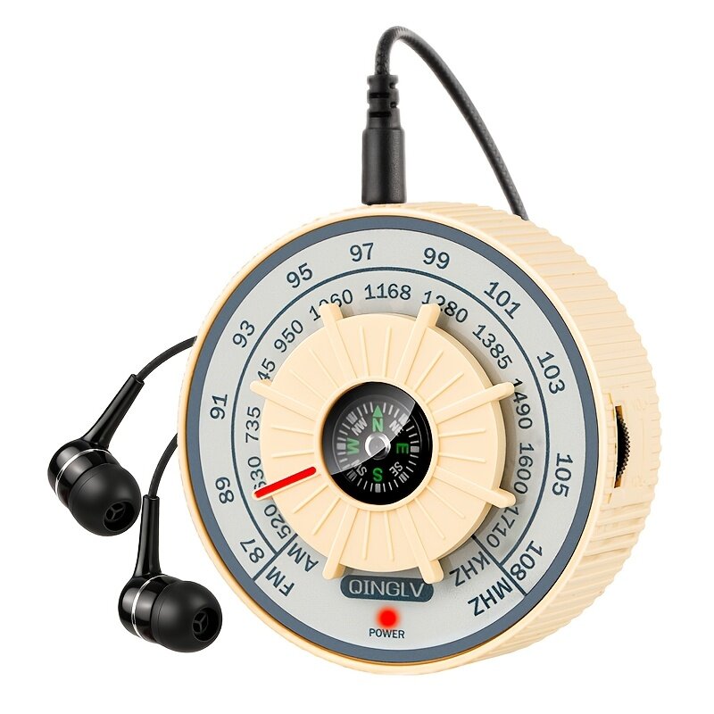 Портативный мини-радиоприёмник AM/FM с встроенным компасом, разъёмом 3,5 мм для наушников и наушниками, жёлтый, для кемпинга, путешествий и походов