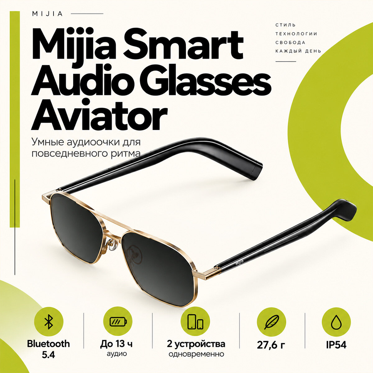 Умные очки для звонков — Smart Mijia Audio Glasses Aviator (Y18080RHB) (BHR08VYGL): 4 микрофона с интеллектуальным шумоподавлением, защита от ветра,