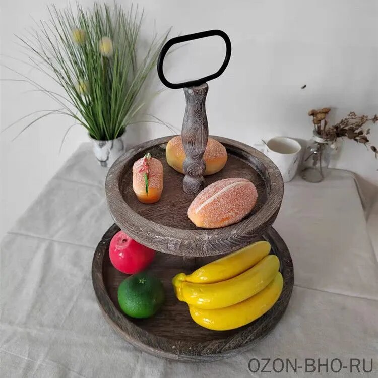 Двухъярусная деревянная подставка с ручкой для переноски, винтажный стильное
