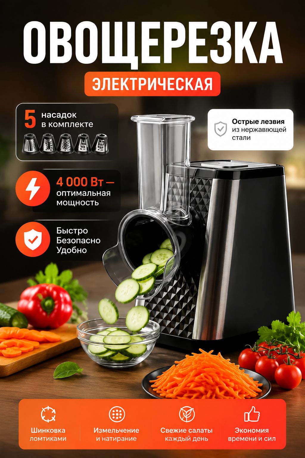 Овощерезка электрическая 5в1, 4000Вт