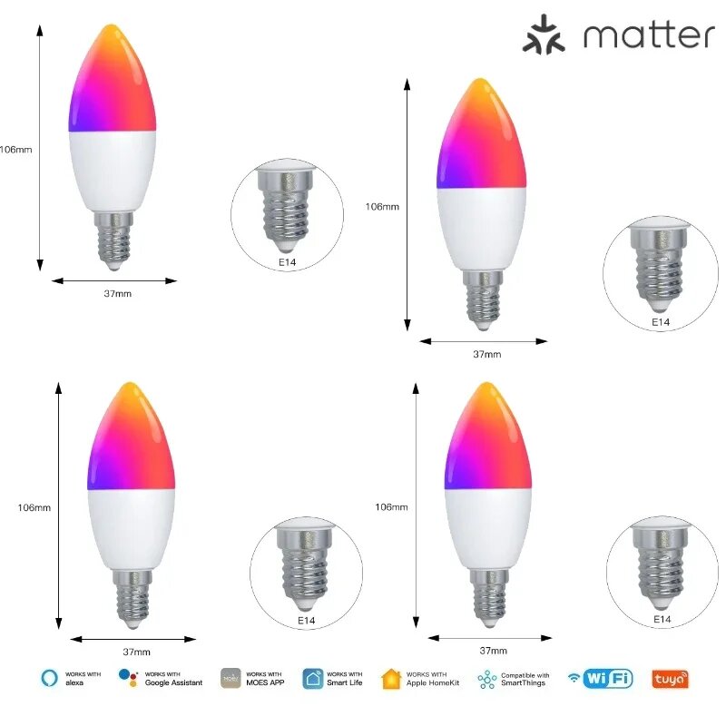 MOES Tuya Matter Wi-Fi умная LED лампа E14 16 млн RGB цветов E14 Candle lamp 4PCS