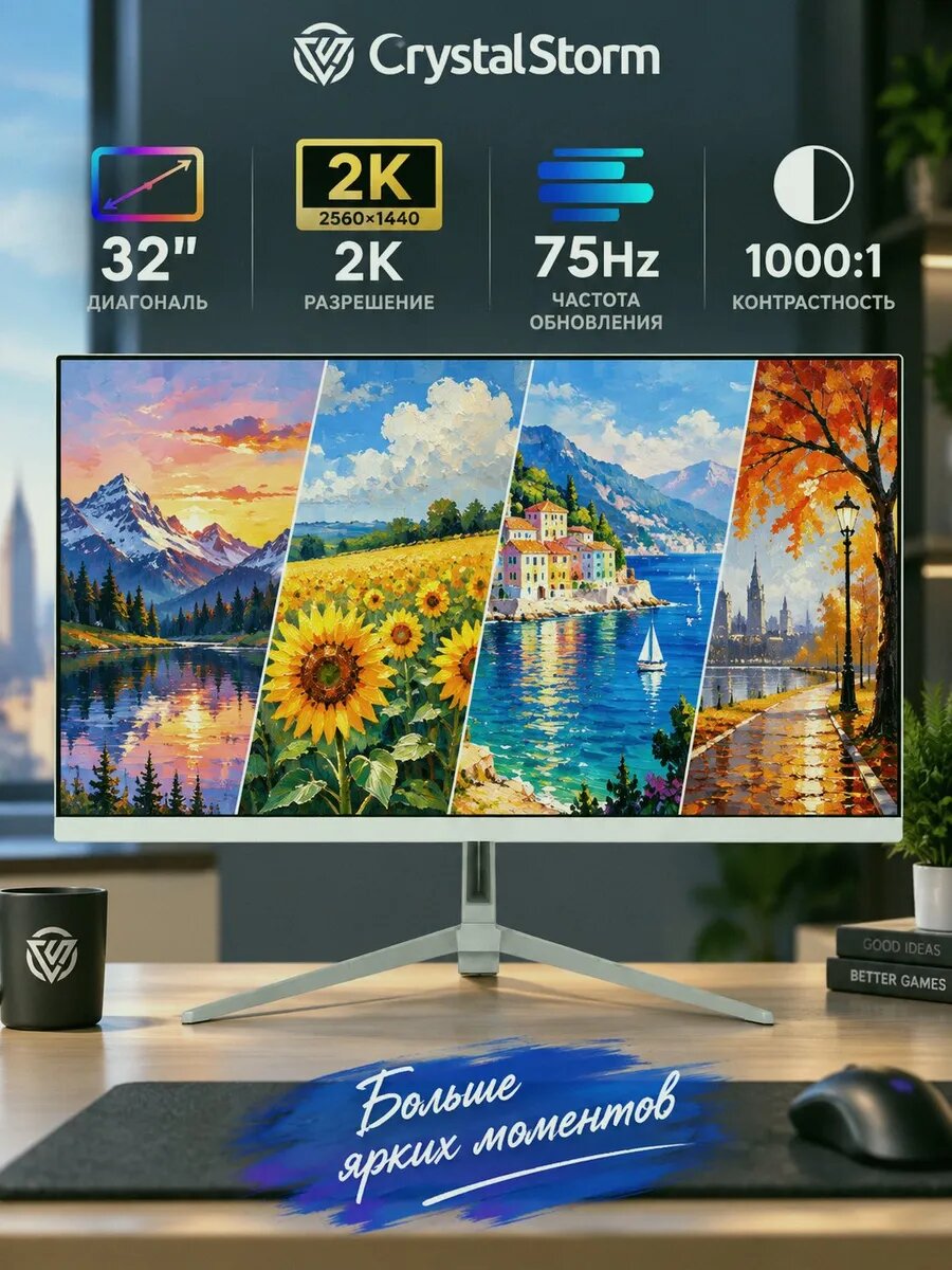 Монитор CrystalStorm, диагональ 32", 2560 x 1440 пикселей, 75Гц, матовый, белый