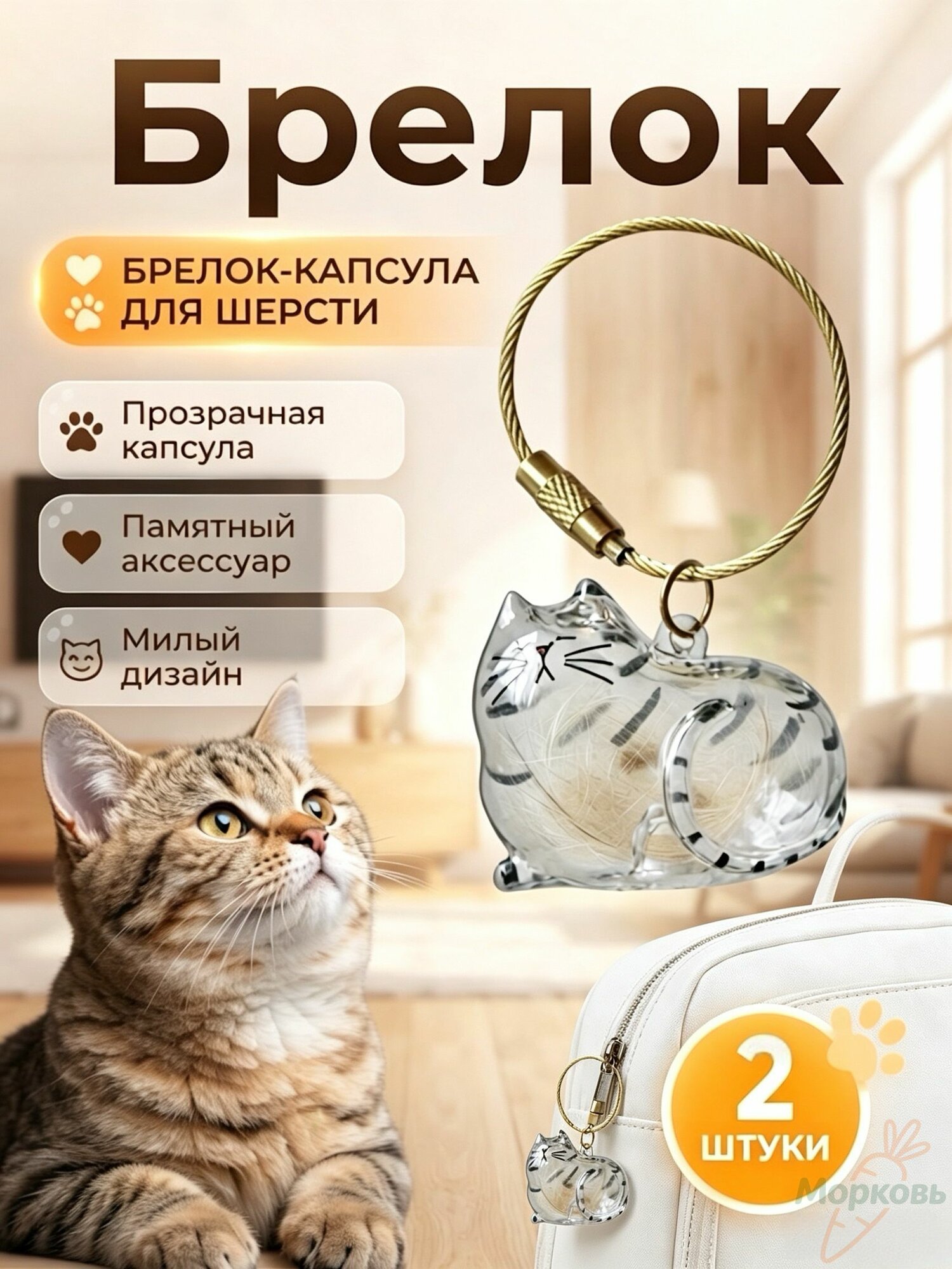 Брелок-капсула для хранения кошачьей шерсти, прозрачный 2 шт
