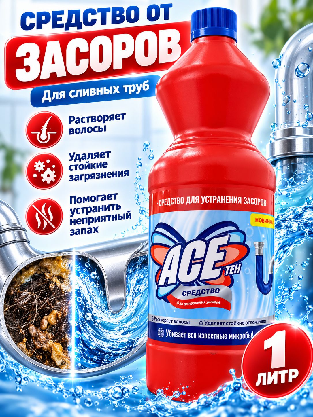 Средство от засоров ACE ТЕН 1 л для прочистки сливных труб, раковин, ванн и душевых, против волос, жира и загрязнений