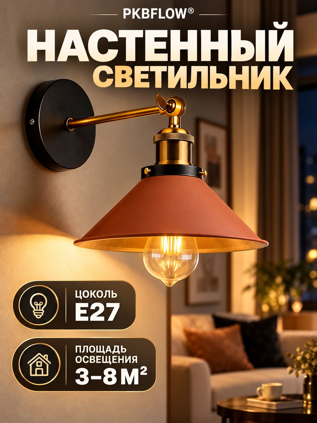 PKBFLOW Бра настенный, Настенный светильник лофт для спальни и гостиной , E27