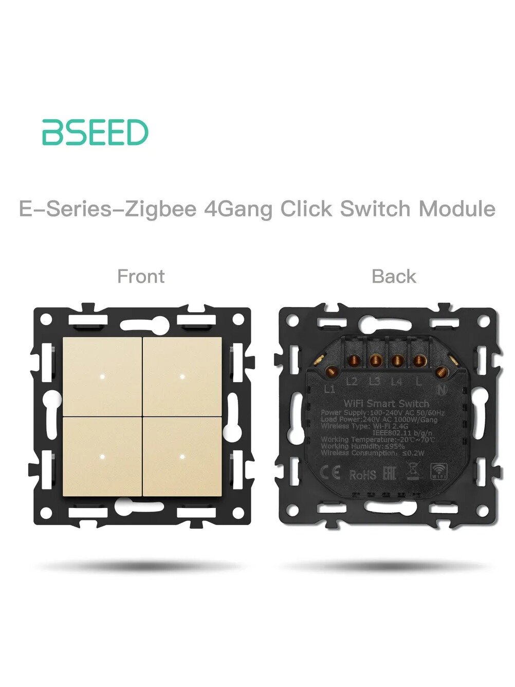 Модуль умного выключателя BSEED E-Series ZigBee, 4 клавиши, золотой