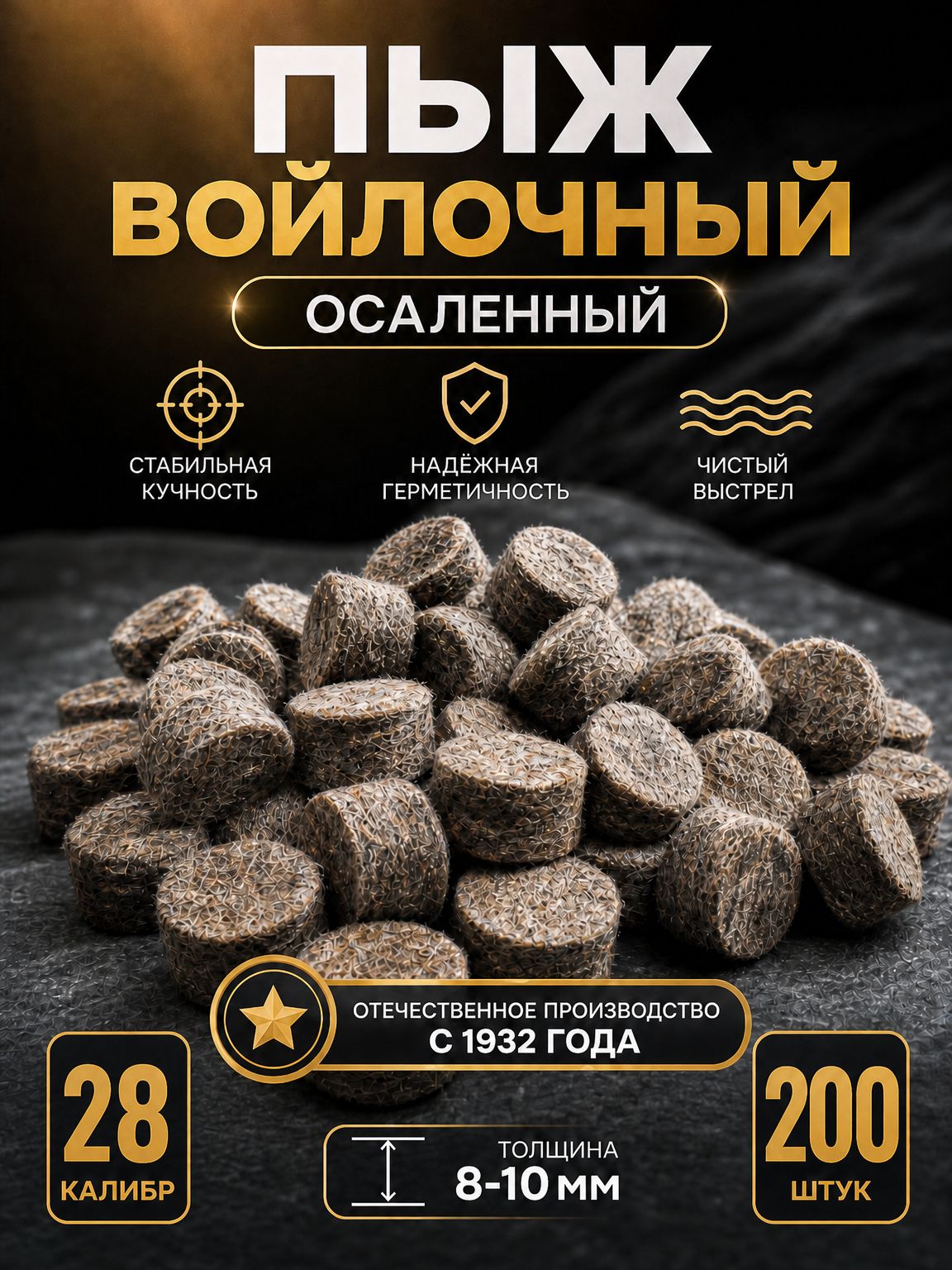 Пыж войлочный осаленный 28 калибр, 200 штук, толщина 8-10 мм