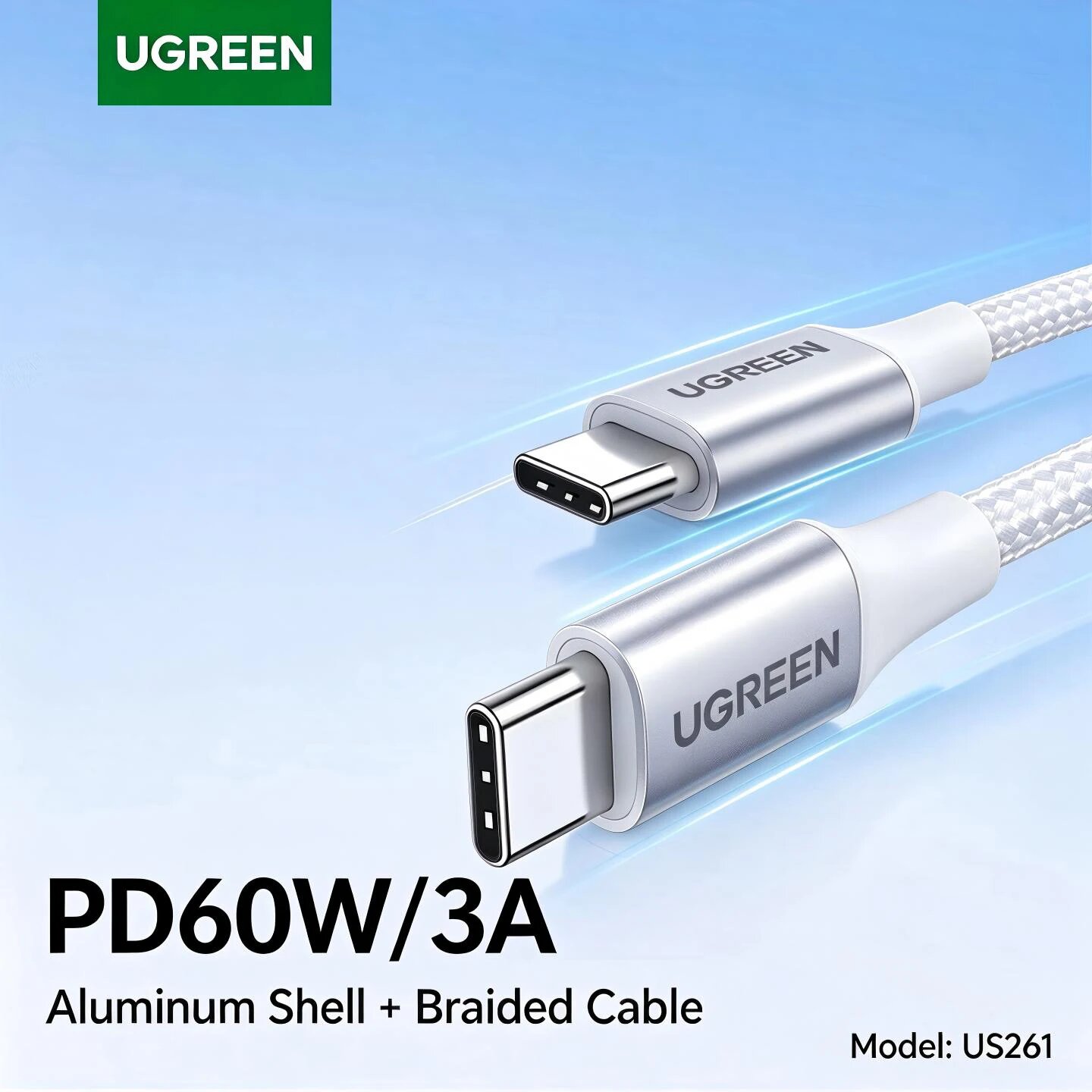 UGREEN Кабель тип-c к типу-c 60W 100W Silvery PD60W 3A 0,25 млн.